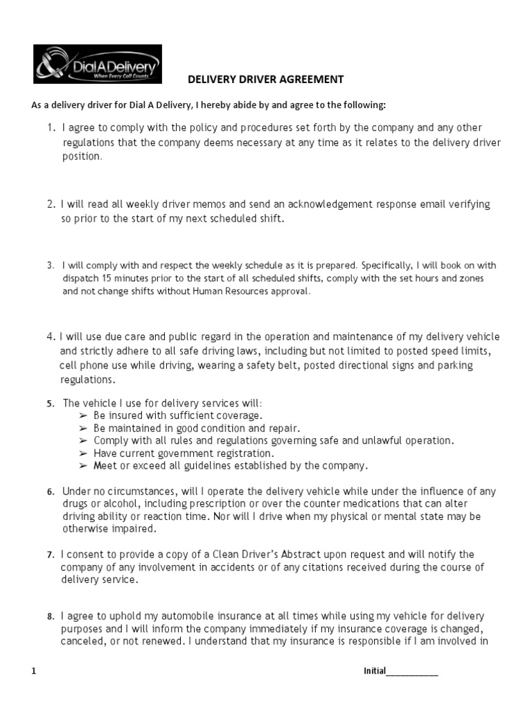 Delivery Driver Agreement Guidelines | PDF | Driving | Traffic Collision