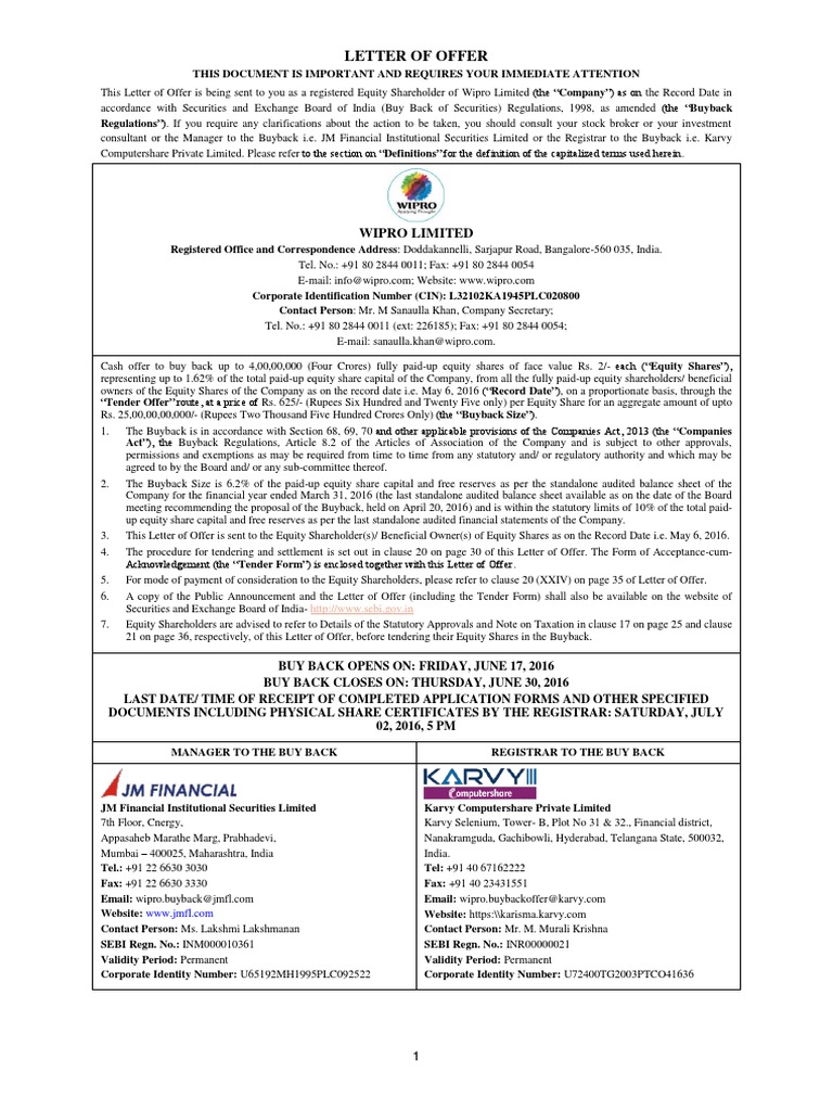 Letter of Offer Wipro | PDF | Share Repurchase | American Depositary ...
