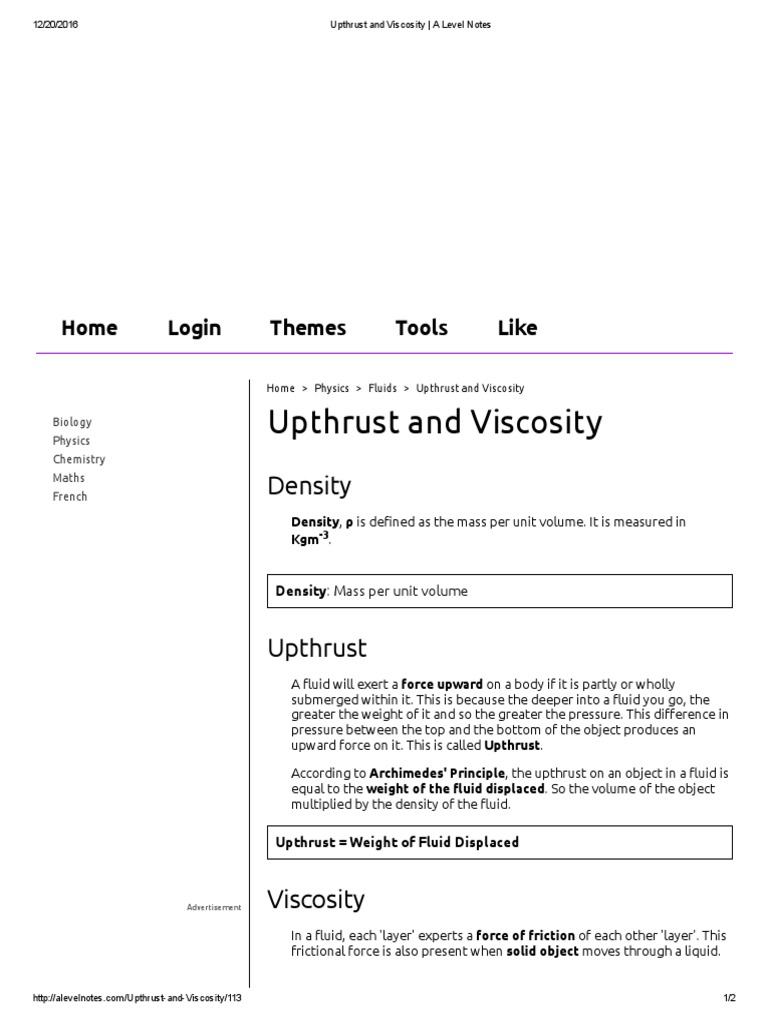 Upthrust and Viscosity - A Level Notes PDF | PDF