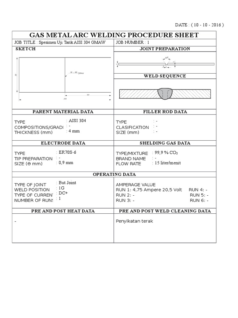 Gas Metal Arc Welding Procedure Sheet: DATE: (10 - 10 - 2016) | PDF