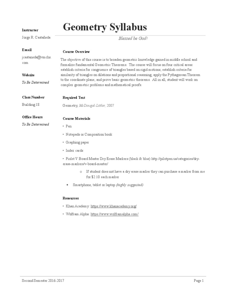 016 17 Geometry Syllabus | PDF | Geometry | Homework