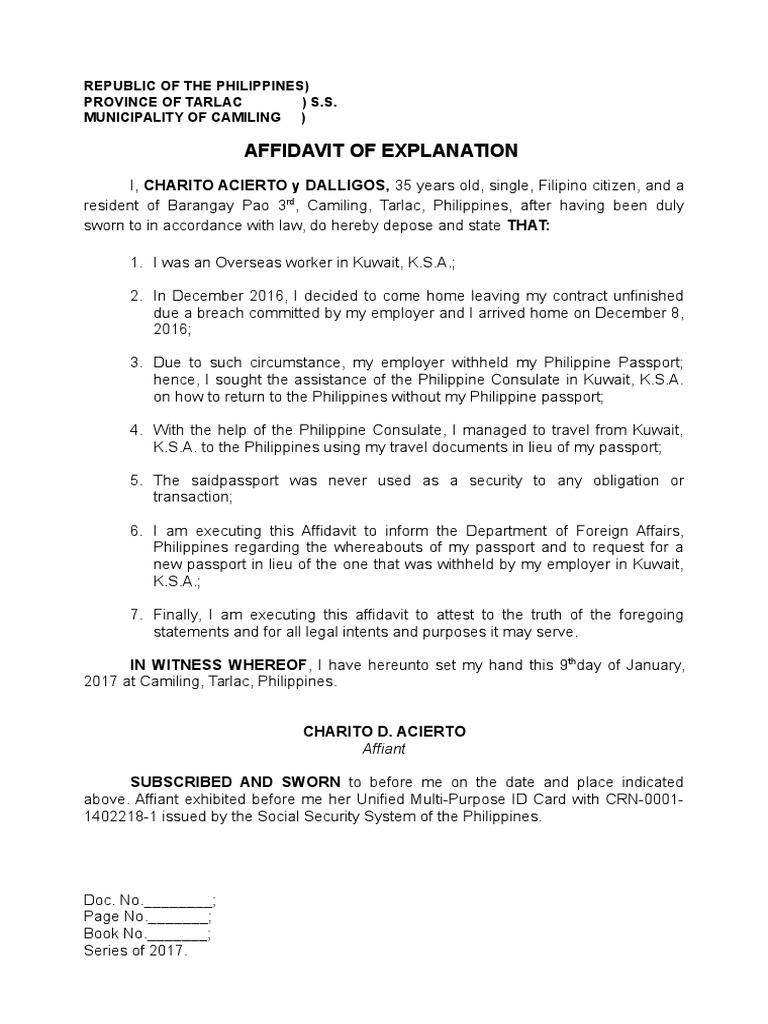 Affidavit of Explanation | PDF | Affidavit | Passport