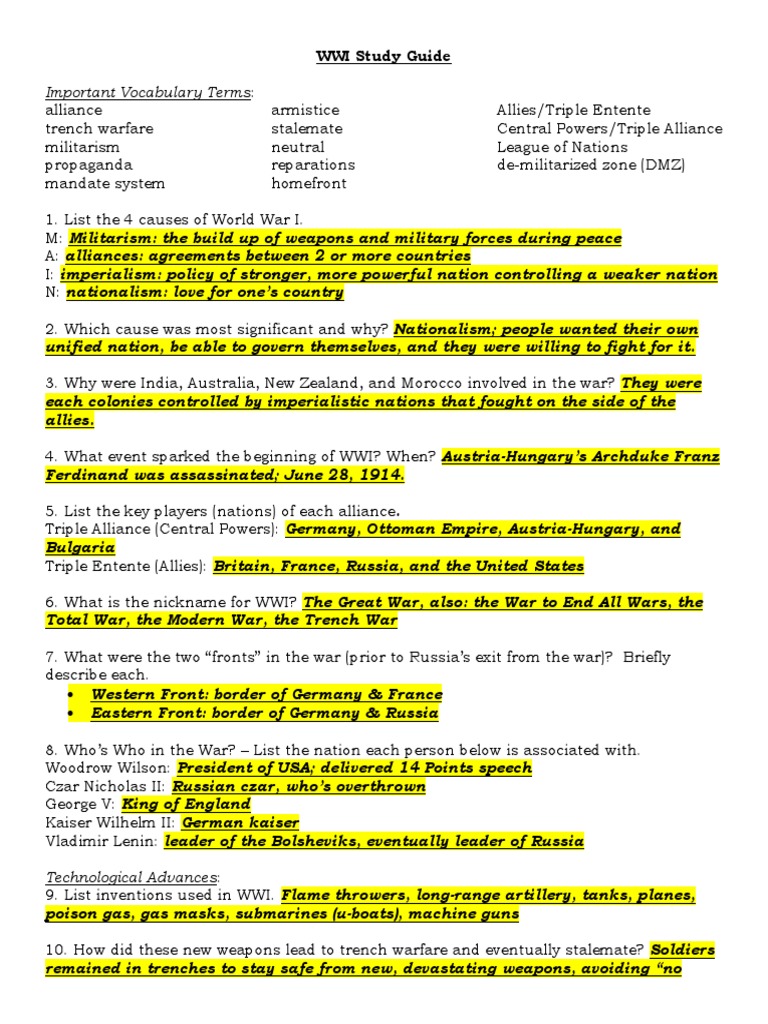 Inclusive Wwi Study Guide Key | PDF | Allies Of World War I | World War I