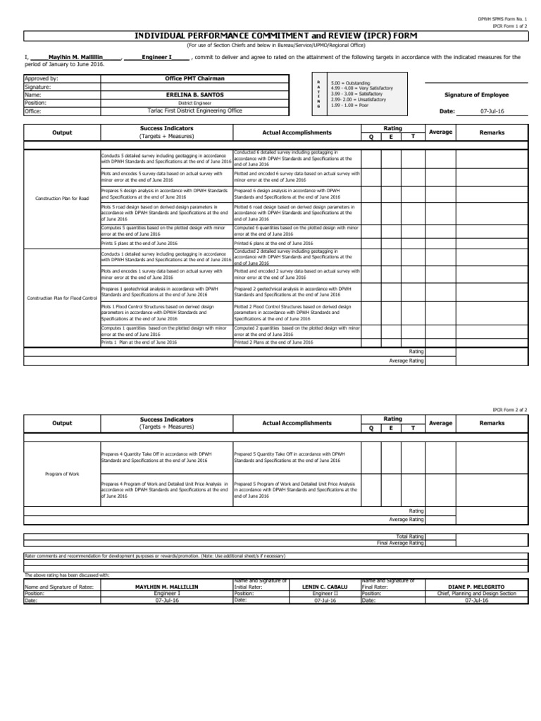 Individual Performance Commitment and Review (IPCR) Form | PDF ...