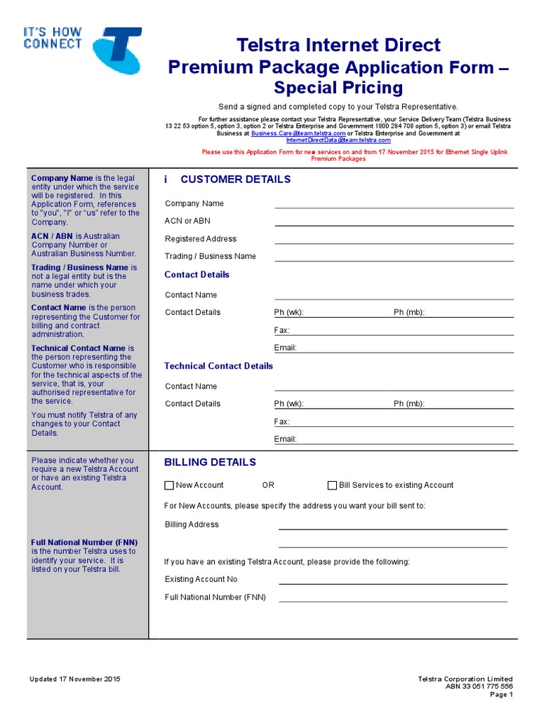 Telstra Internet Direct Premium Package Application Form - Special ...