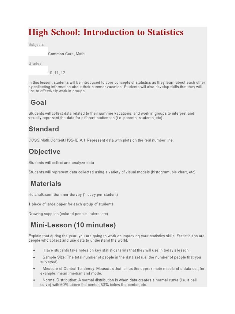 Lesson Plan: Statistics | PDF | Median | Mean