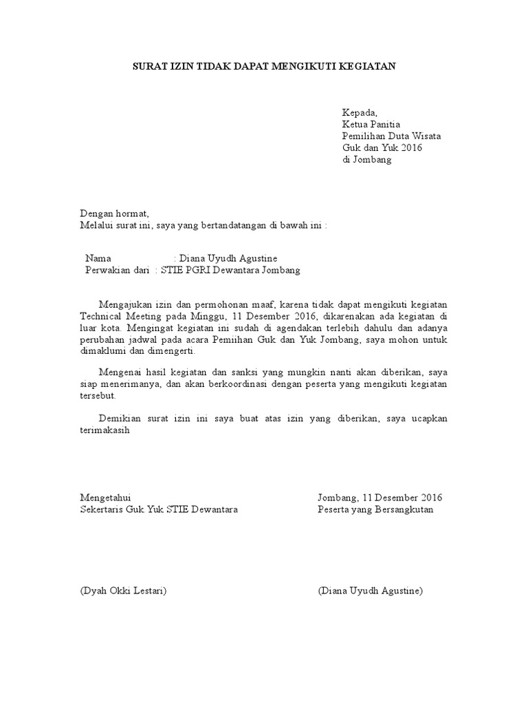 Surat Izin Tidak Dapat Mengikuti Kegiatan | PDF