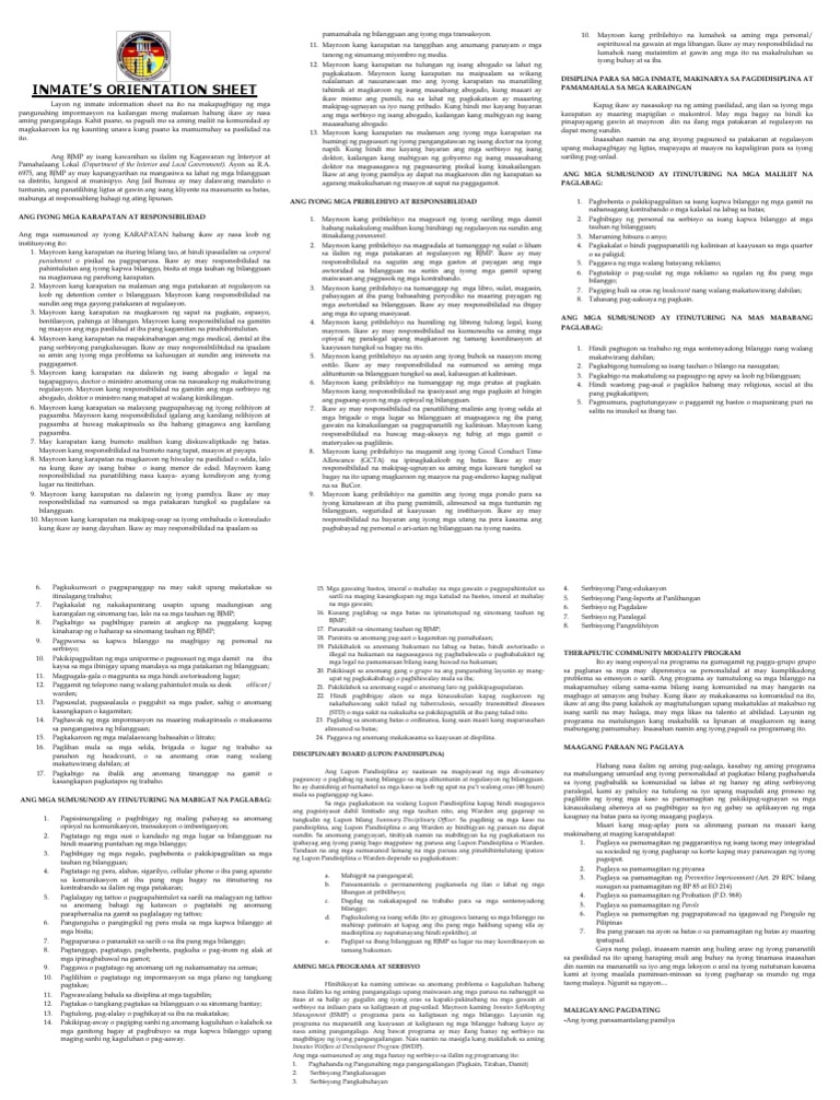 TAGALOG VERSION of INMATES INFO. SHEET PDF | PDF