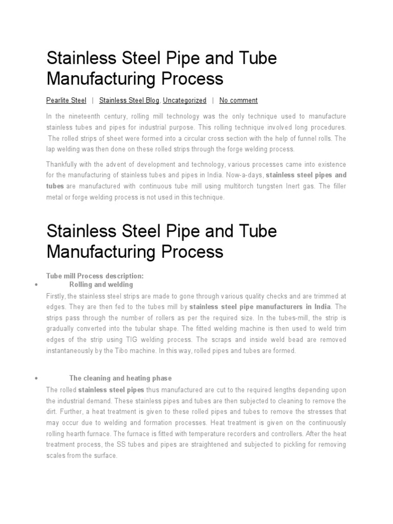 Stainless Steel Pipe and Tube Manufacturing Process: Pearlite Steel ...
