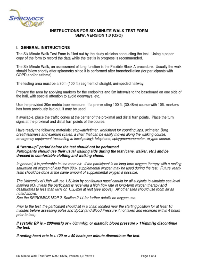 Instructions For Six Minute Walk Test Form SMW, Version 1.0 (QXQ) | PDF ...