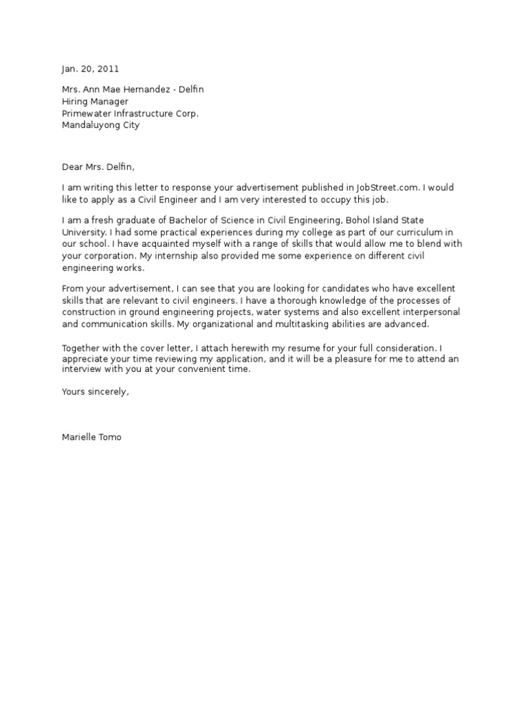 Example Application Letter For Fresh Graduate Civil Engineer | PDF