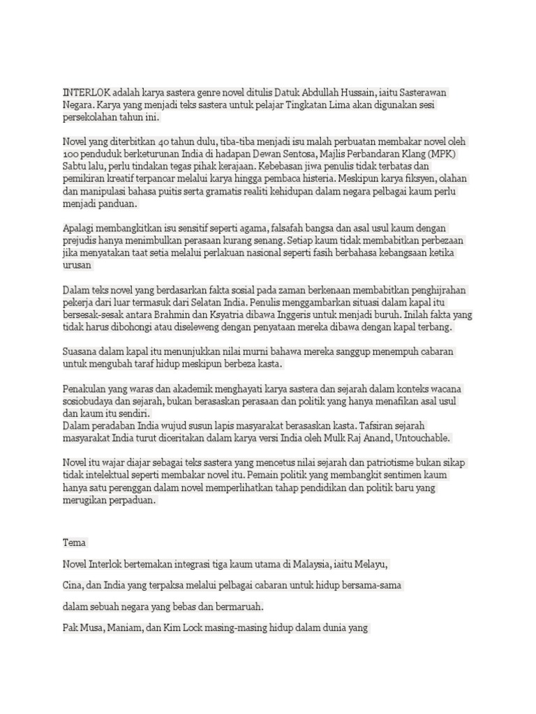 INTERLOK Adalah Karya Sastera Genre Novel Ditulis Datuk Abdullah Hussain | PDF | Ilmu Sosial