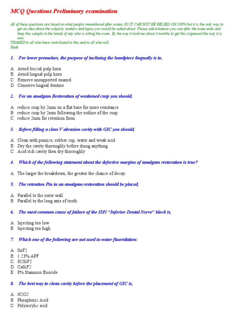 MCQ Questions | PDF | Human Tooth | Oral Hygiene