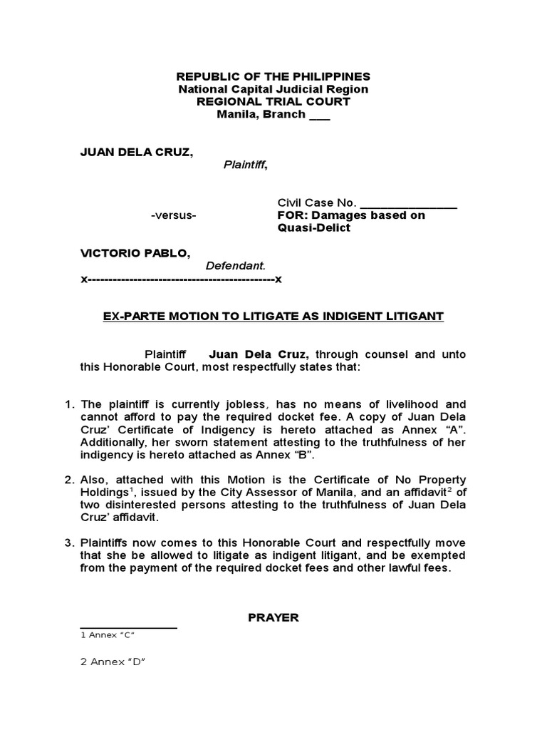 Ex Parte Motion To Litigate As Pauper Litigant | PDF