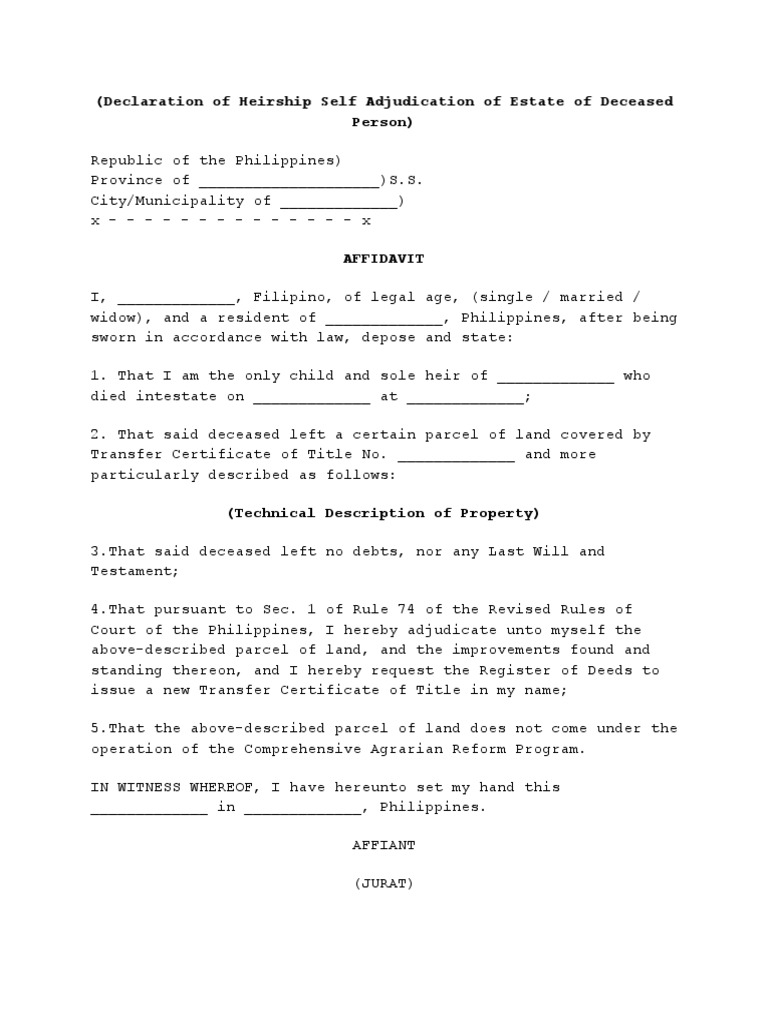 Declaration of Heirship Self Adjudication of Estate of Deceased Person ...