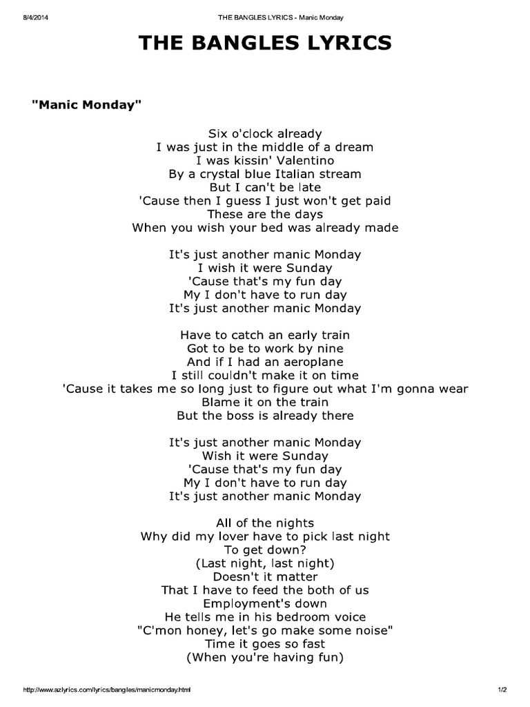 The Bangles Lyrics - Manic Monday | PDF