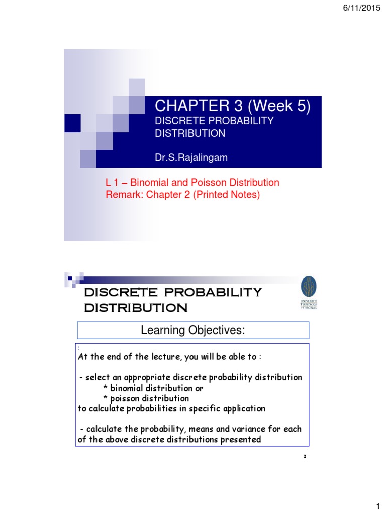 Chapter 03 W5 L1 Discrete Prob Dist - Bin and Poisson 2015 UTP C2 | PDF ...