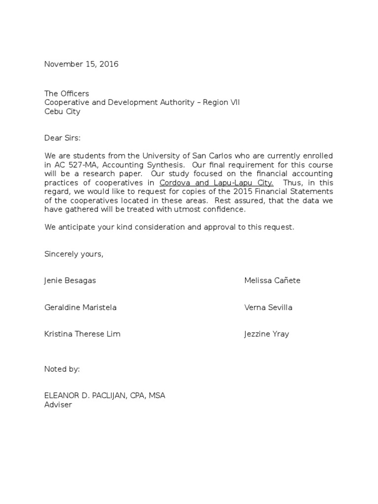 Letter To Cda For Fs2015 | PDF