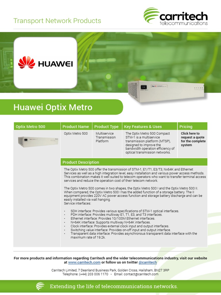 Huawei Optix Metro - Carritech Telecommunications | PDF | Computer Network | Networking Standards