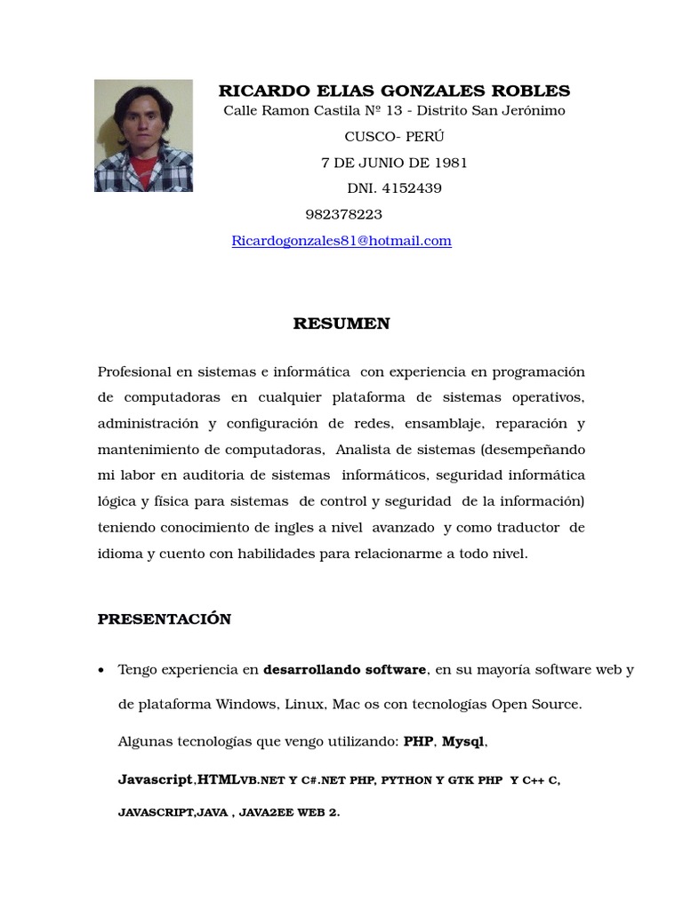 Curriculum Ricardo | PDF | Php | Mi sql