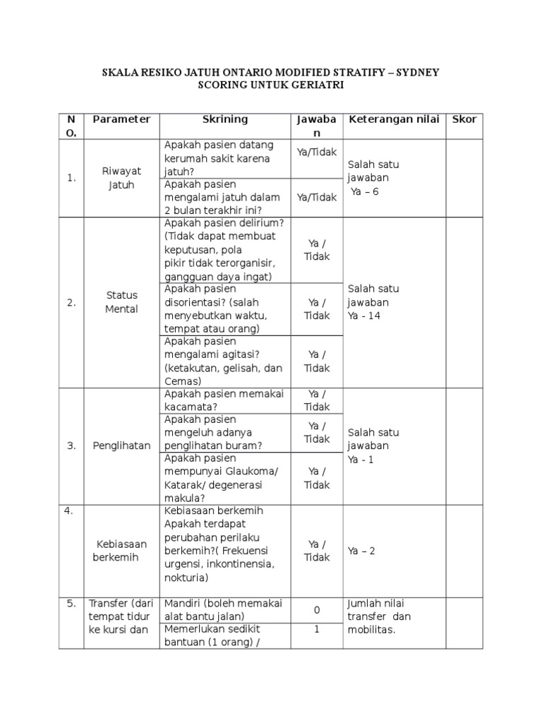 Skala Resiko Jatuh Ontario Modified Stratify | PDF | Pengembangan Diri ...