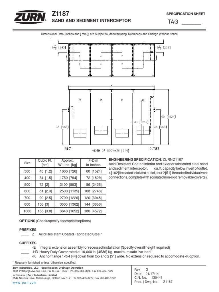 Specifications for Zurn Z1187 Sand and Sediment Interceptors in Various ...