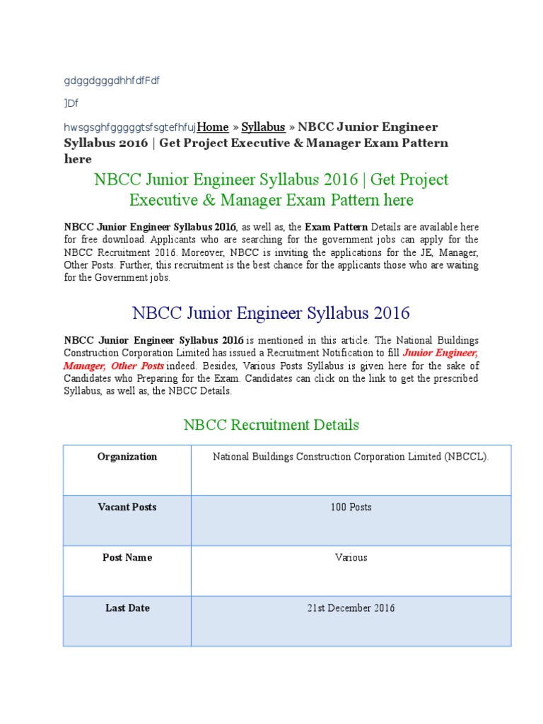 NBCC Junior Engineer Syllabus 2016 - Get Project Executive & Manager ...