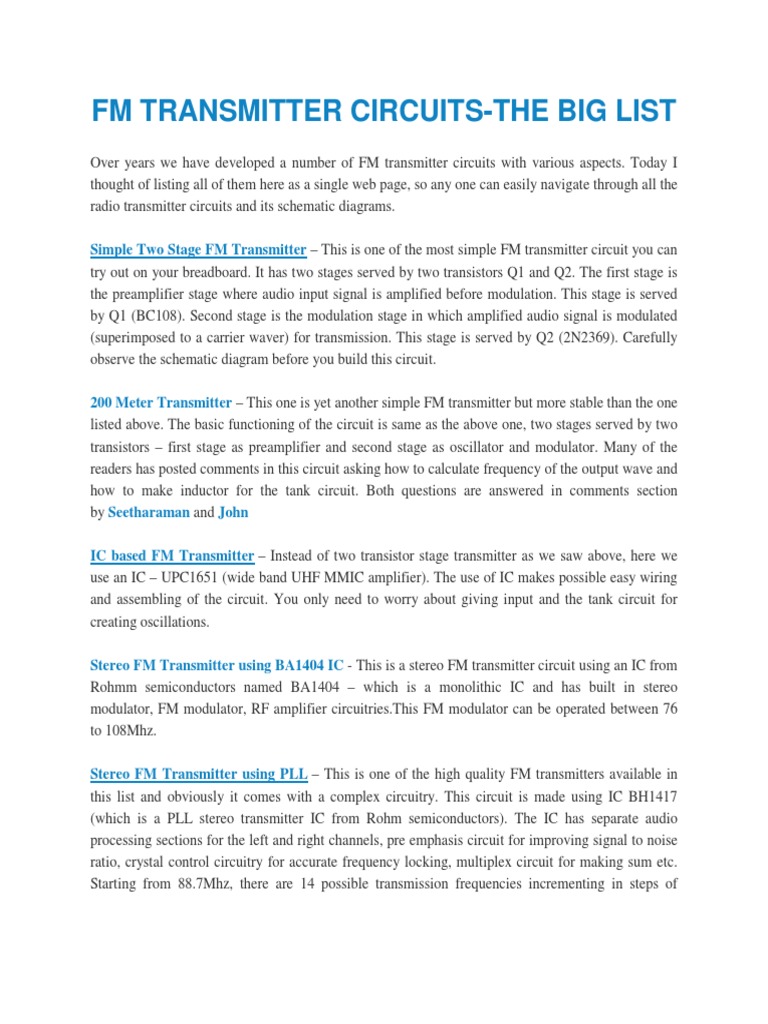 FM Transmitter Circuits The BIG List | PDF | Frequency Modulation | Electronic Circuits