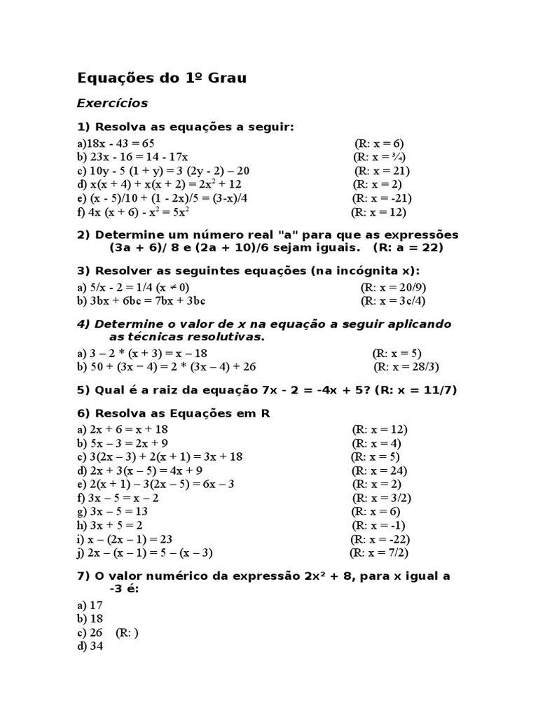 Equações Do 1º Grau E 2° Grau Lista De Exercícios Equações