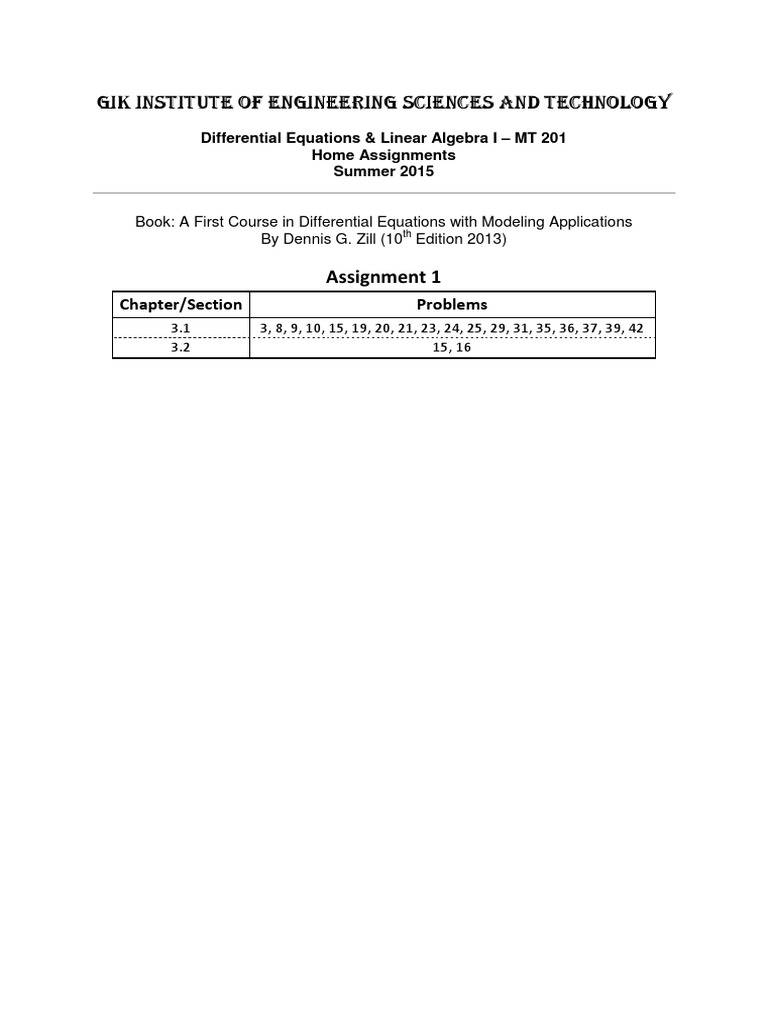 Gik Institute of Engineering Sciences and Technology: Assignment 1 ...