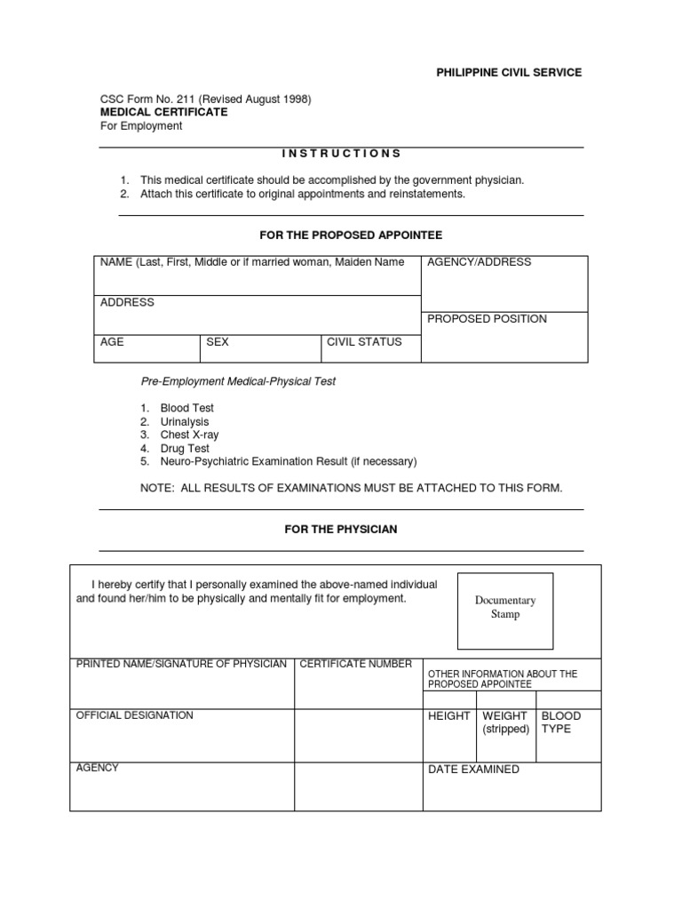 CSC Medical Certificate Form 211 | PDF