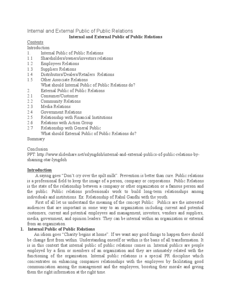 Internal and External Public of Public Relations | PDF | Public ...