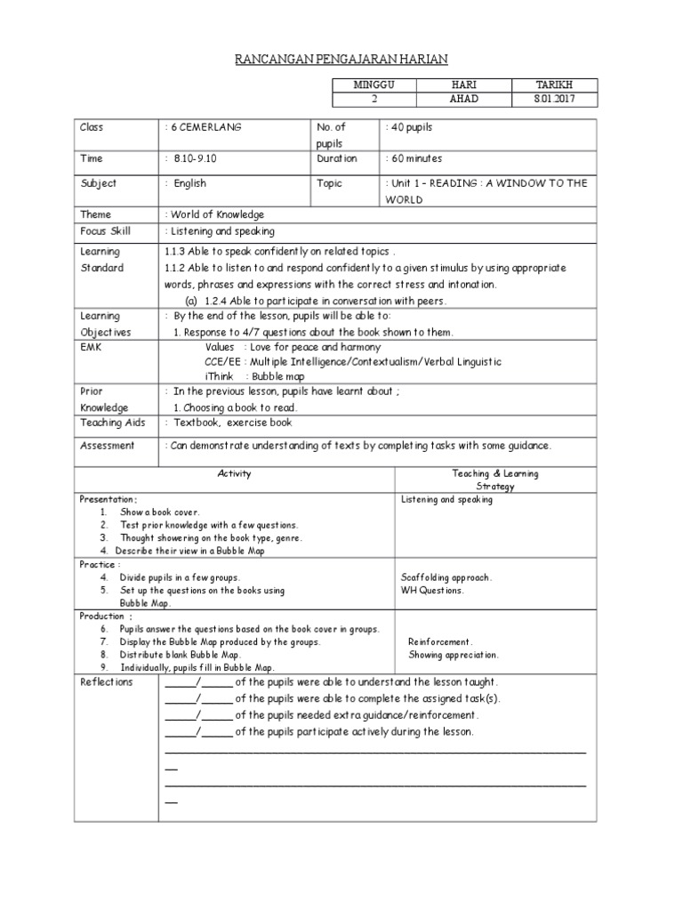 Sample Lesson Plan Year 6 KSSR | PDF | Teachers | Educational Assessment
