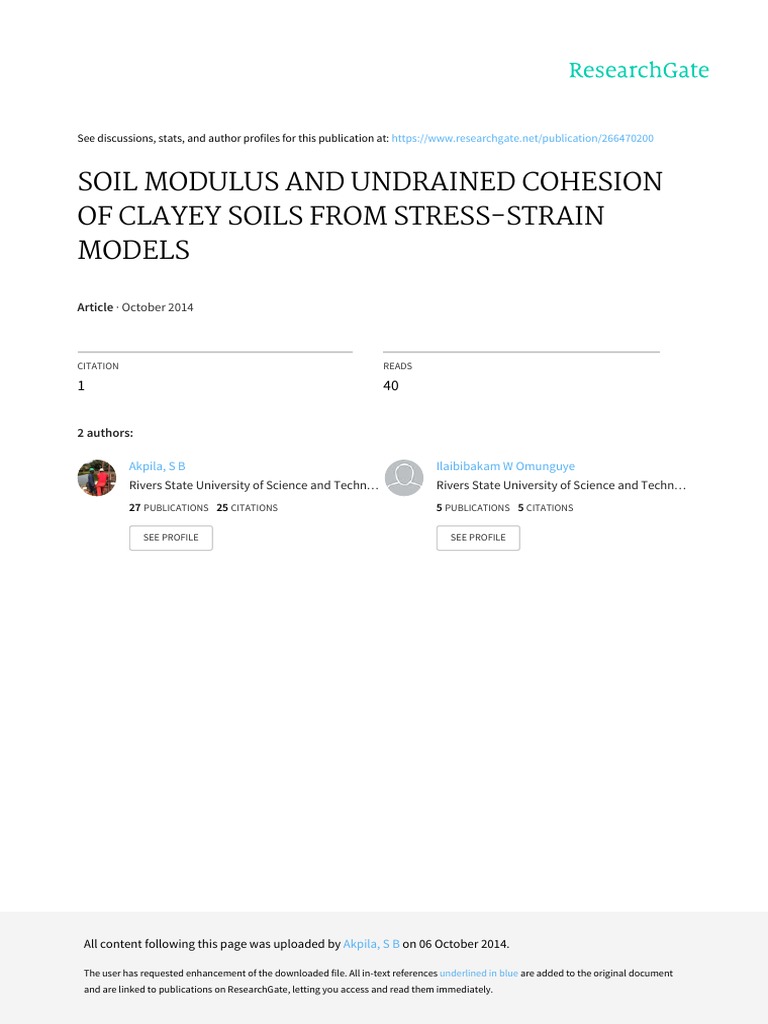 Soil Modulus and Undrained Cohesion of Clayey Soils From Stress-Strain ...