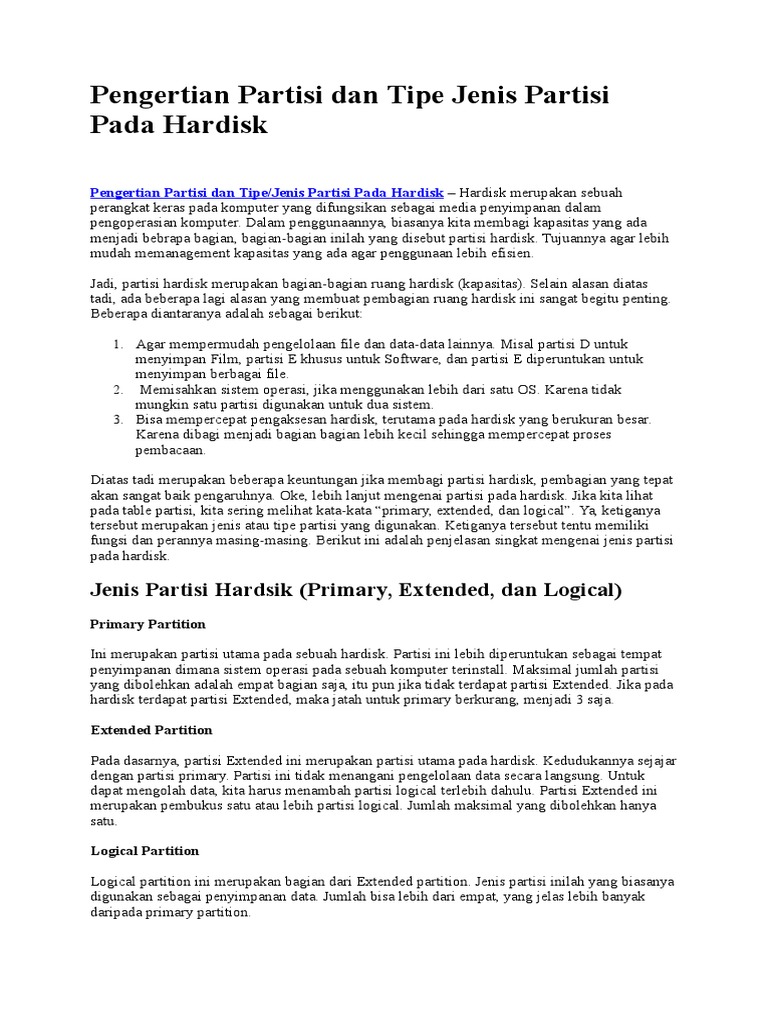 Pengertian Partisi Dan Tipe Jenis Partisi Pada Hardisk | PDF
