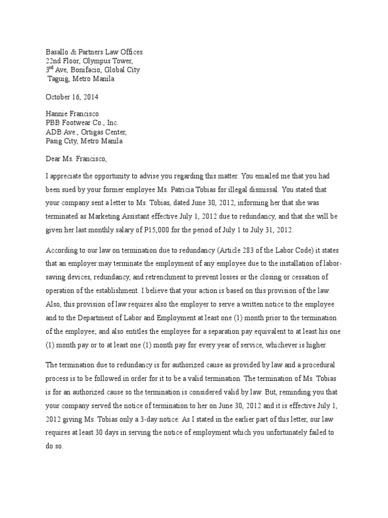 Termination Due To Redundancy - Letter To Client | PDF | Layoff ...