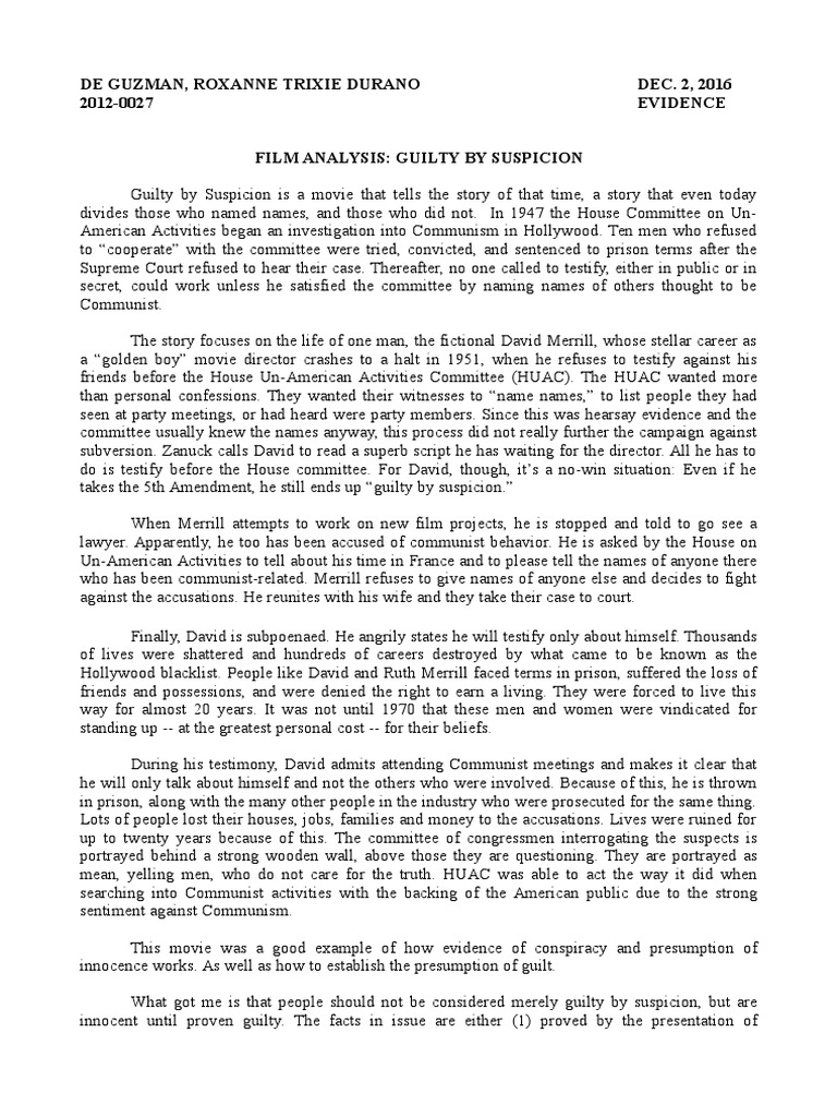 Film Analysis Guilty by Suspicion | PDF | House Un American Activities ...
