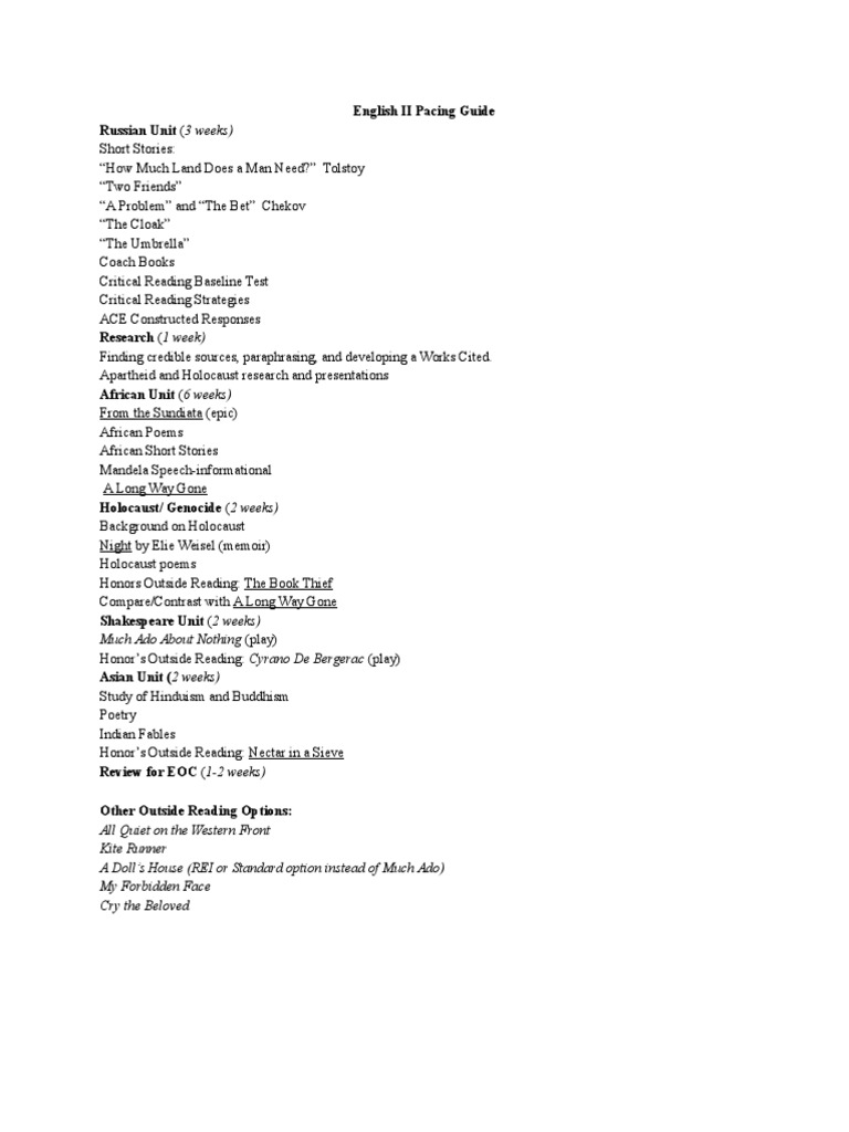 English II Curriculum Pacing Guide | PDF
