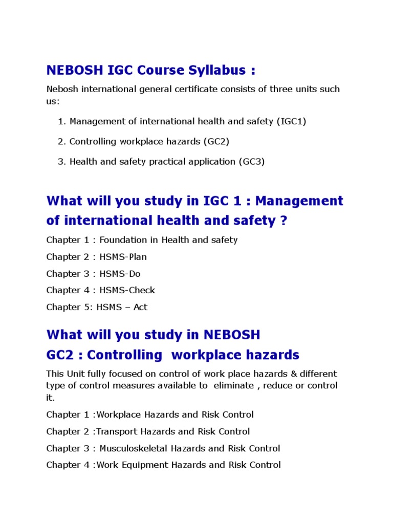 NEBOSH IGC Course Syllabus | PDF | Occupational Safety And Health | Safety NEBOSH IGC Course Syllabus | PDF | Occupational Safety And Health | Safety