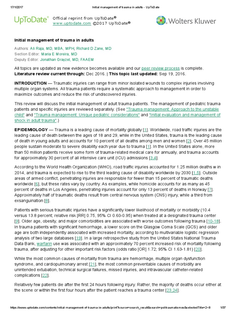 Initial Management of Trauma in Adults - UpToDate | PDF | Major Trauma ...
