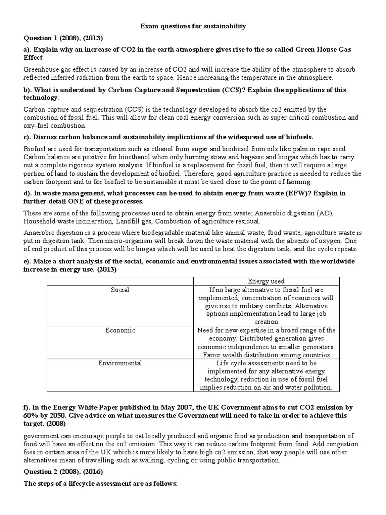 Exam Questions for Sustainability | Life Cycle Assessment | Sustainability