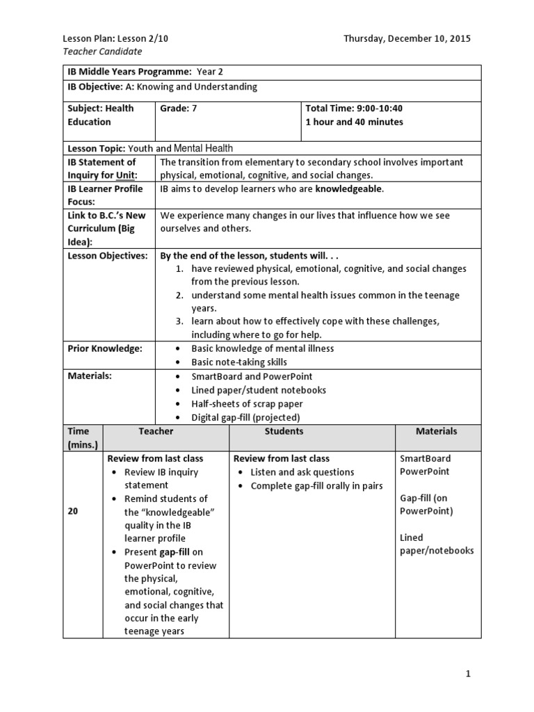Youth Mental Health Lesson Plan | PDF | Lesson Plan | Mental Disorder