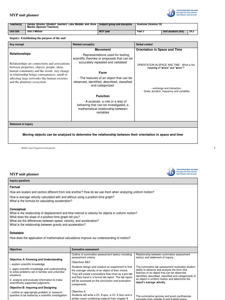Physics Motion Unit Lesson Plan | PDF | Educational Assessment ...