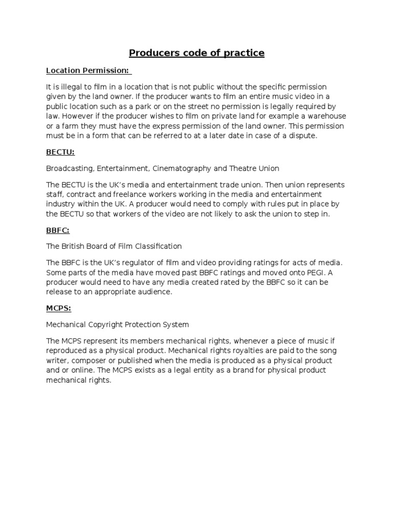 Producers Code of Practice: Location Permission | PDF