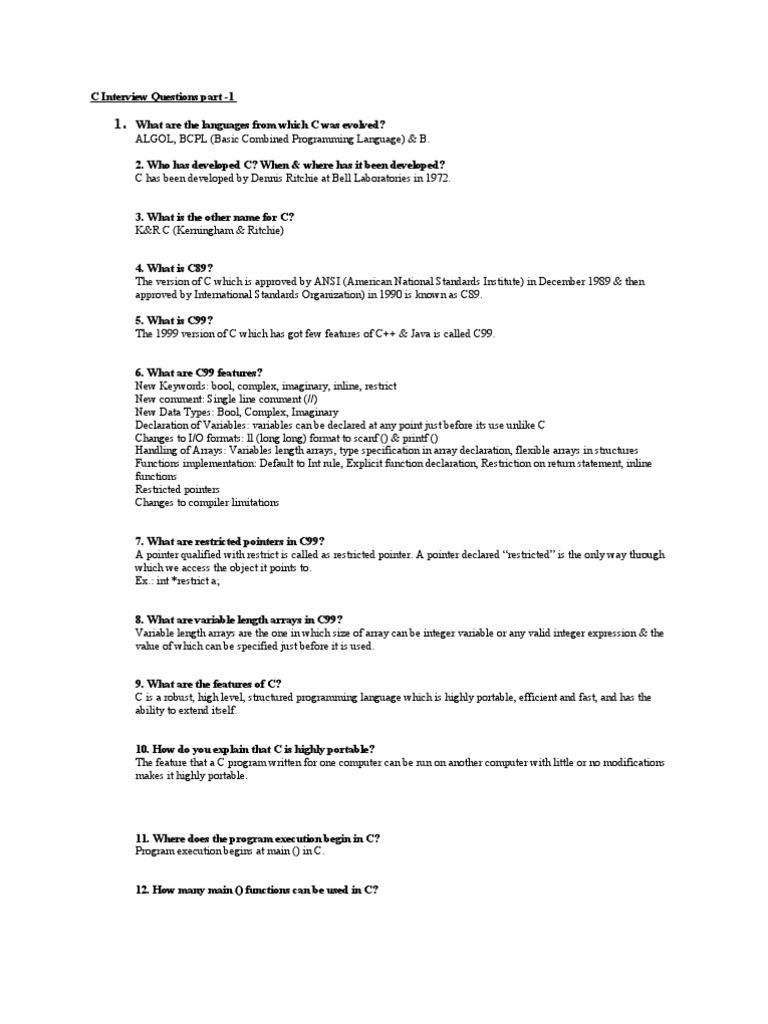 Suresh Interview Questions Pdf C Programming Language Class Computer Programming