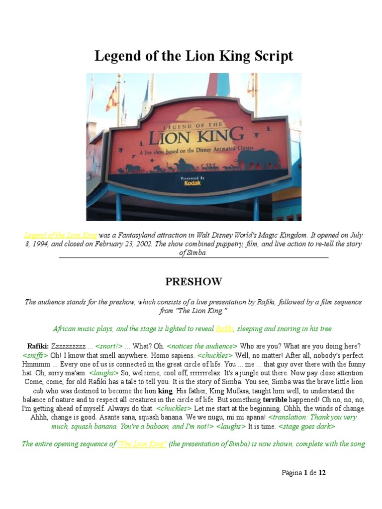 Legend of The Lion King Script 11 Pages | PDF