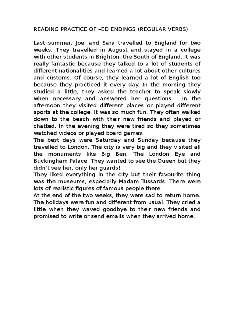 Reading Practice of Ed Endings (Regular Verbs) | PDF