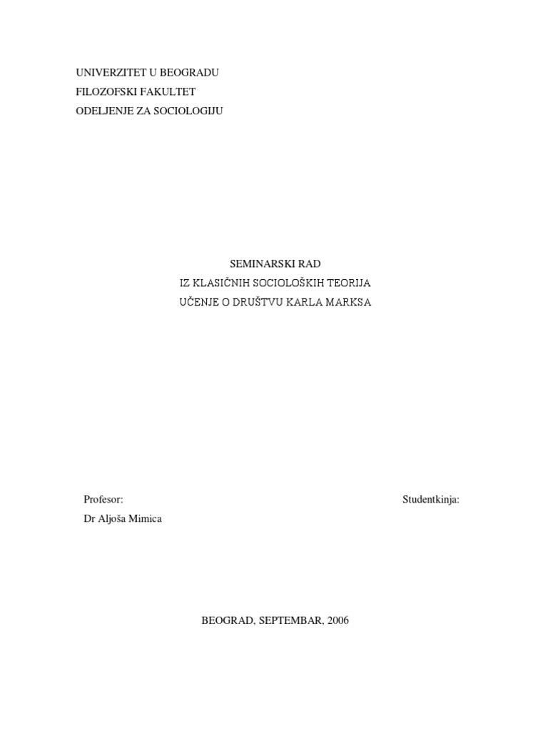 UCENJE O DRUSTVU KARLA MARKSA-Klasicne Socioloske Teorije-Seminarski Rad-Sociologija PDF PDF | PDF