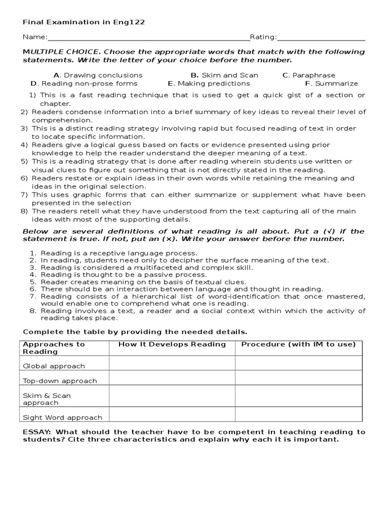 Eng122 Final Exam: Reading Strategies | PDF