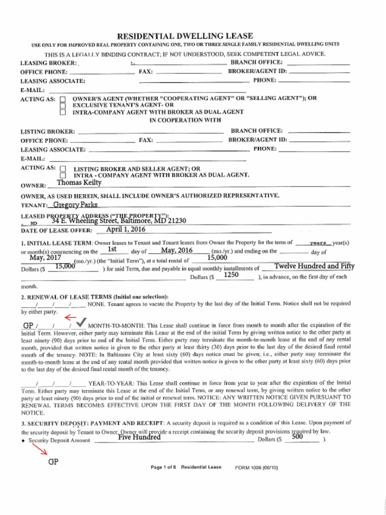 Lease Agreement Between Thomas Keilty and Gregory Parks for Property ...